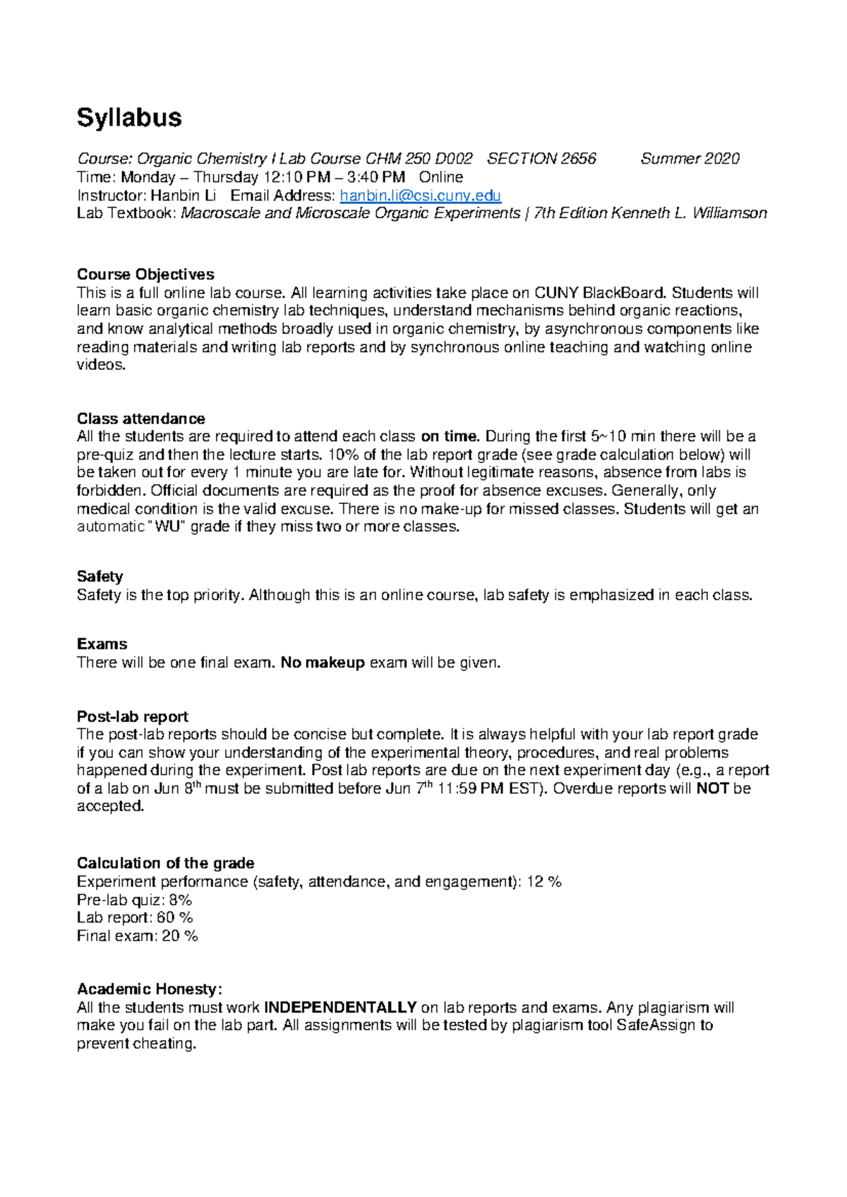 Chm250 Lab Course Syllabus Warning Tt Undefined Function 32 Syllabus Course Organic