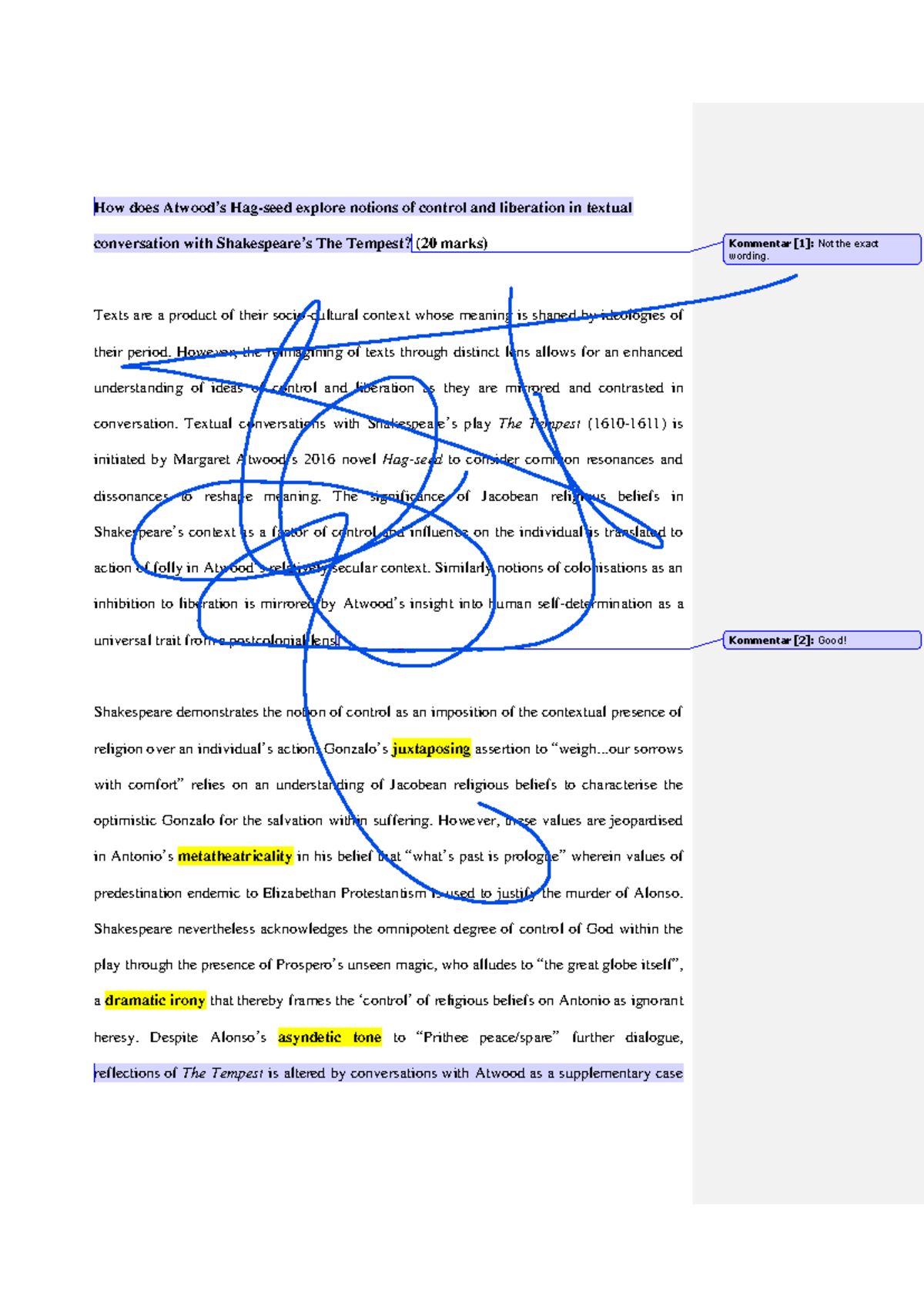 2020 EA Mod A Tempest Hag Seed Essay 19 20 Jacinta Lea - How does ...