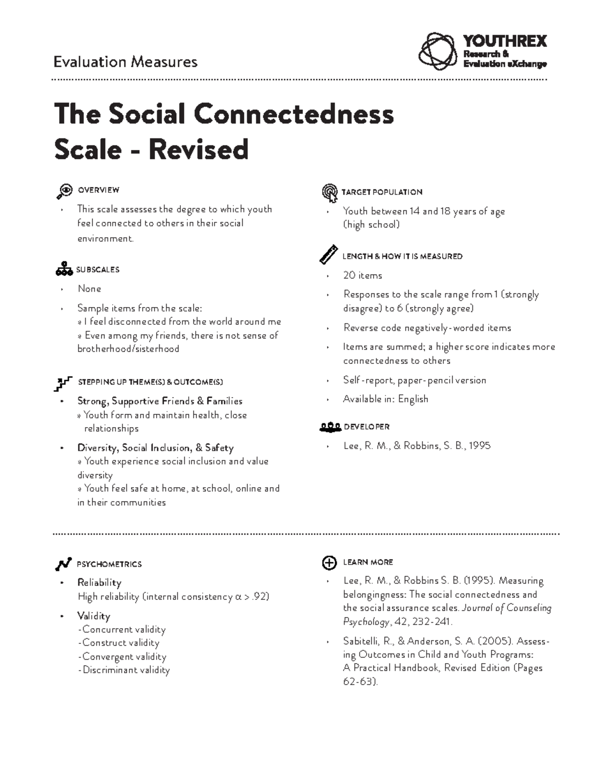 The Social Connectedness Scale Revised - Evaluation Measures The Social ...