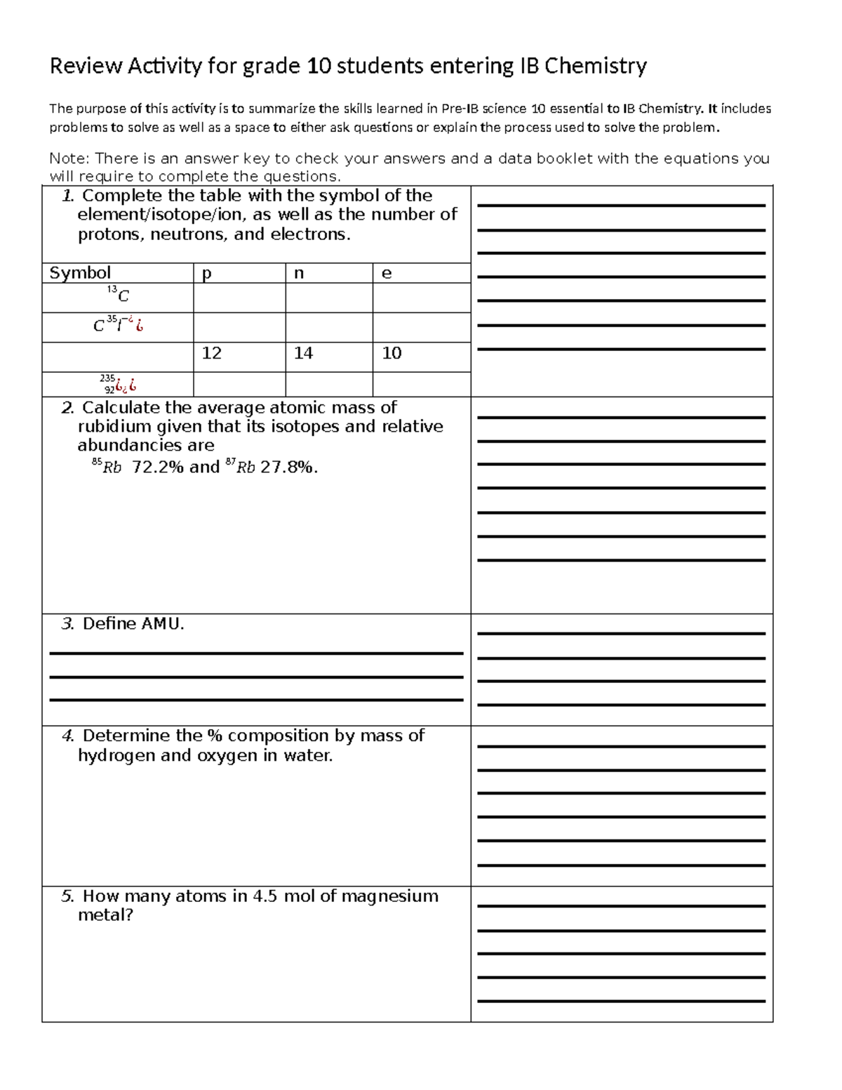 Pre-IB Questions - Review Activity for grade 10 students entering IB ...