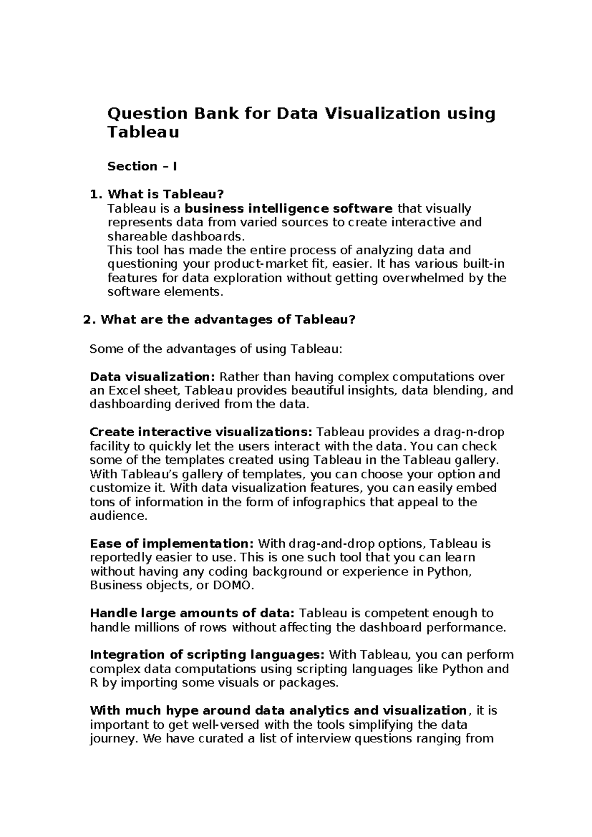 Tableau Question Bank Question Bank For Data Visualization Using Tableau Section I 1 What