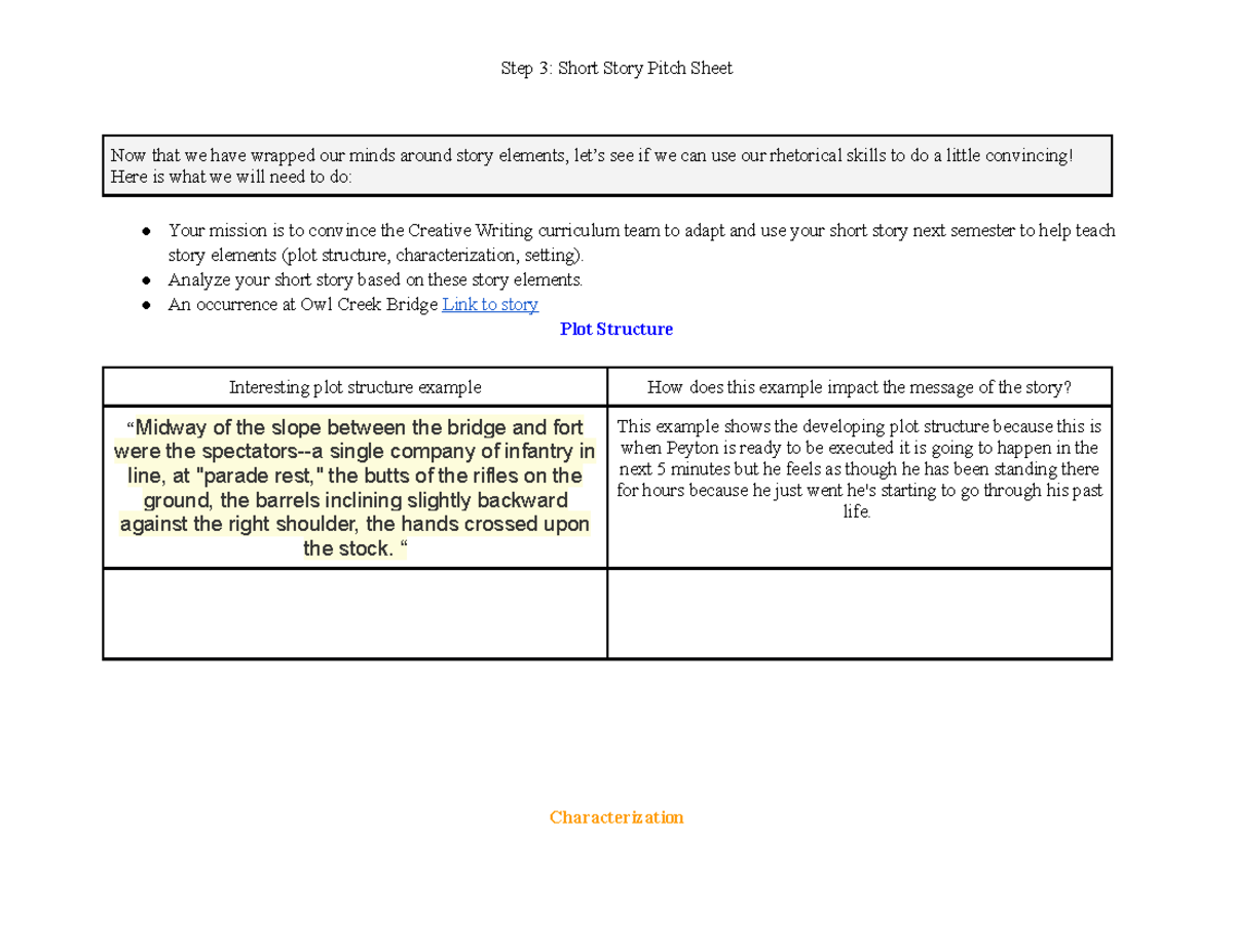 Step 3 Short Story Pitch Sheet - Step 3: Short Story Pitch Sheet Now ...