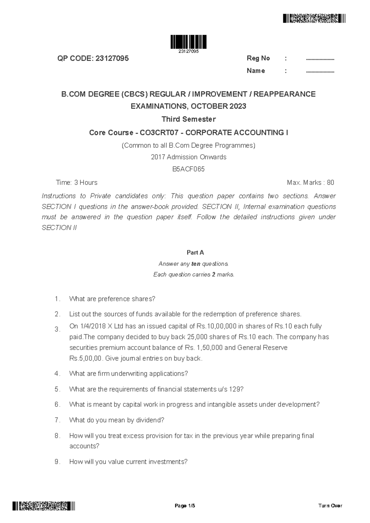 B.com corporate accounting - QP CODE: 23127095 Reg No ...