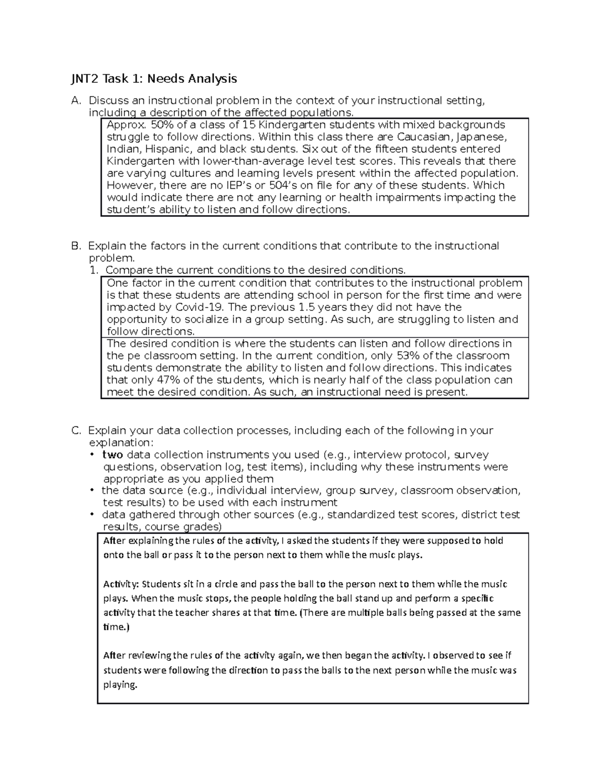 WGU - JNT2 Task 1- Needs Analysis - for Kindergarten PE class - JNT2 ...