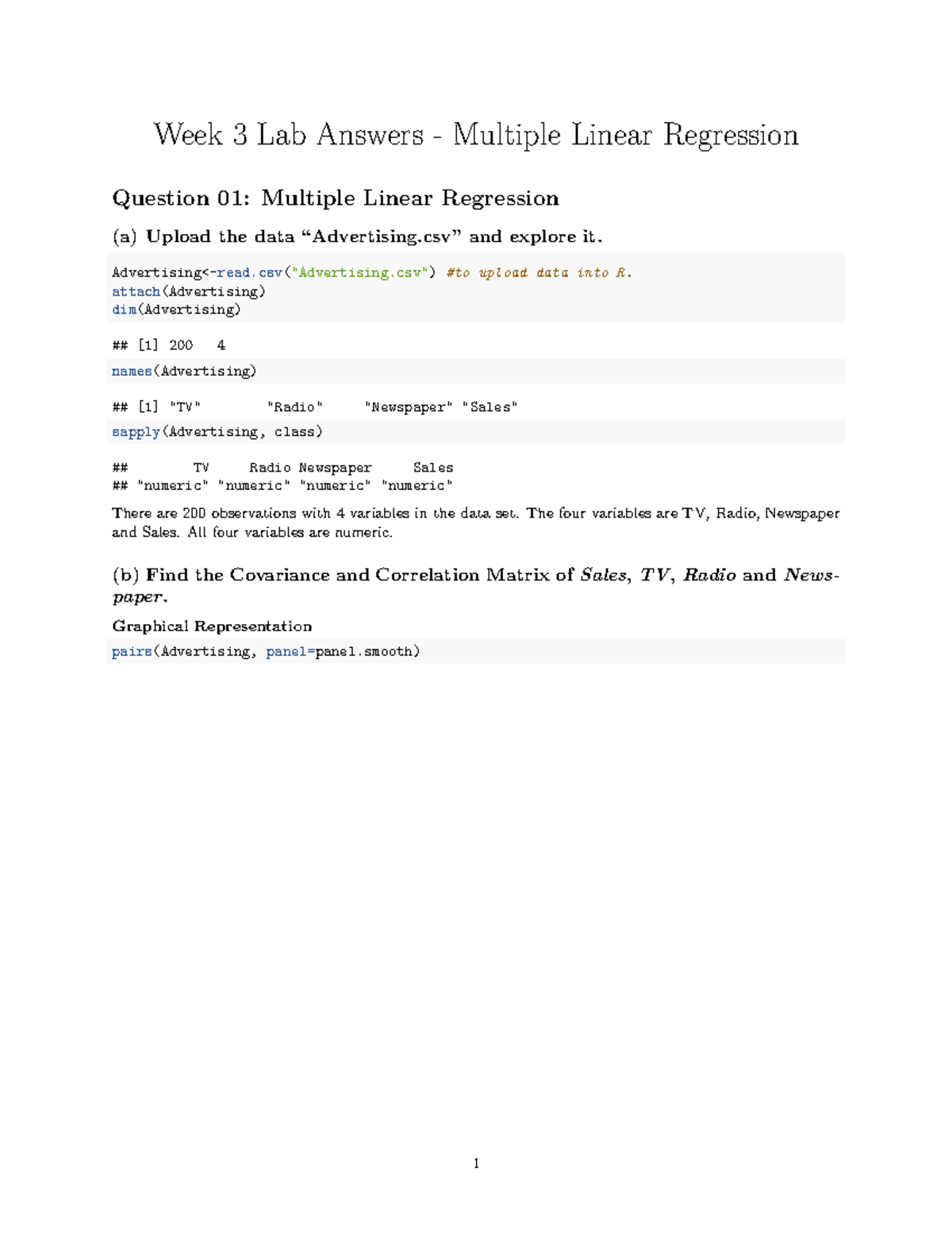 Lab 3 Solutions - Week 3 Lab Answers Multiple Linear Regression Question 01: Multiple Linear ...
