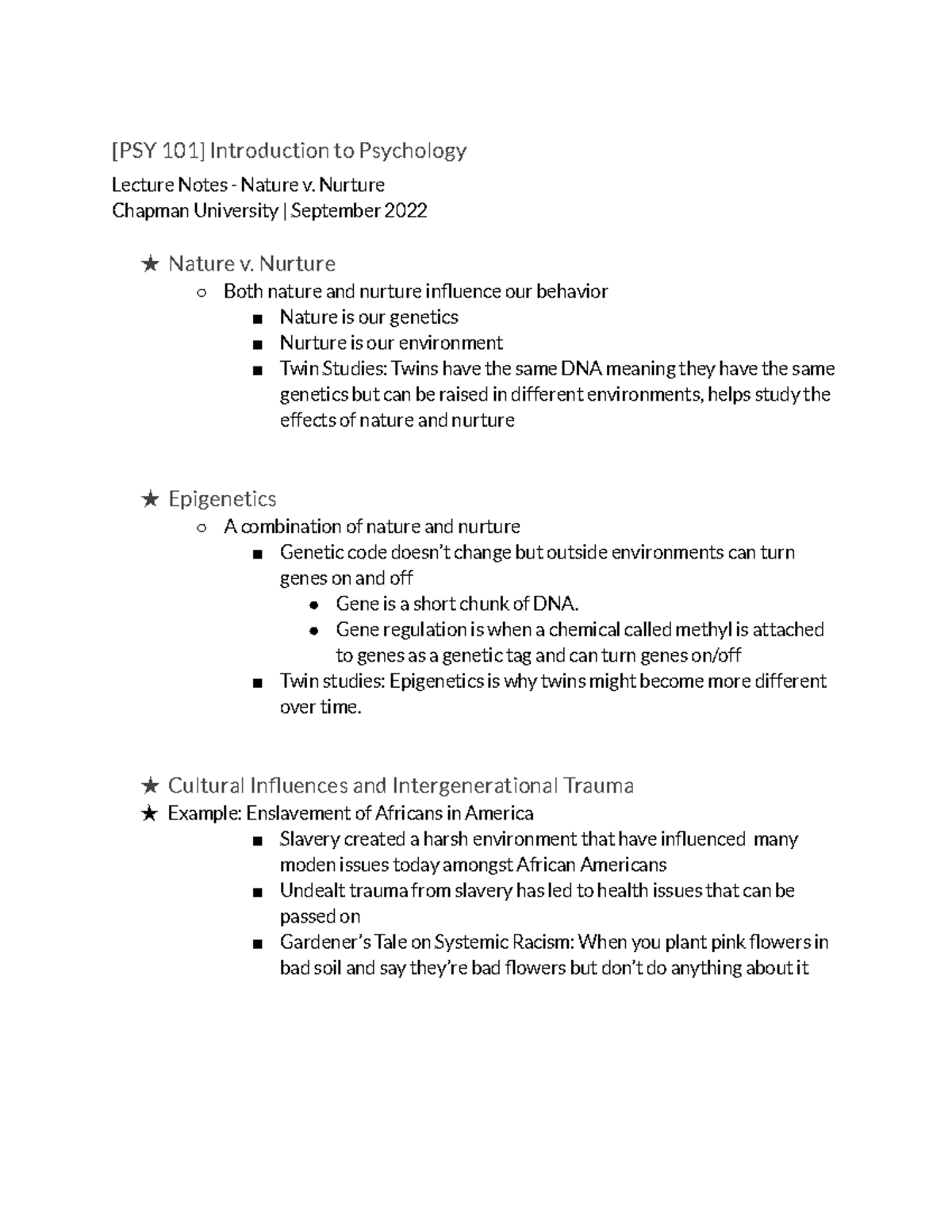 Psy 101 Lecture Notes Nature V Nurture Psy 101 Introduction To Psychology Lecture Notes