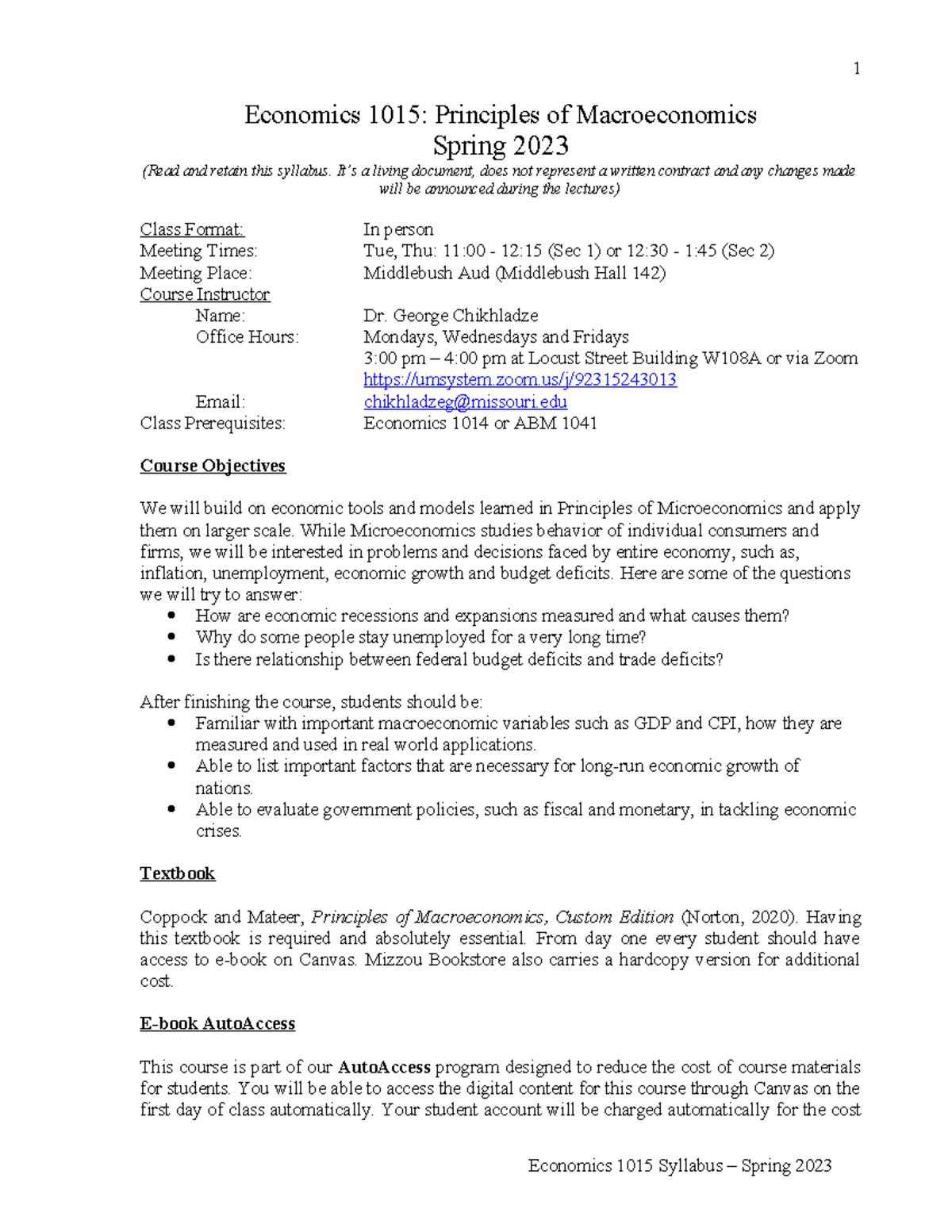 Econ 1015 Spring 2023 Syllabus - Economics 1015: Principles of Macroeconomics Spring 2023 (Read ...