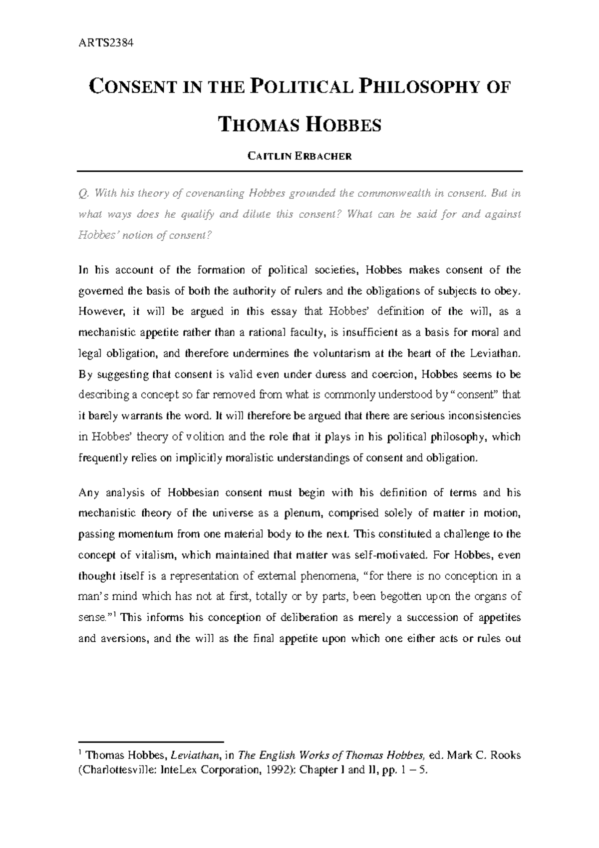 Exemplar essay - CONSENT IN THE POLITICAL PHILOSOPHY OF THOMAS HOBBES ...