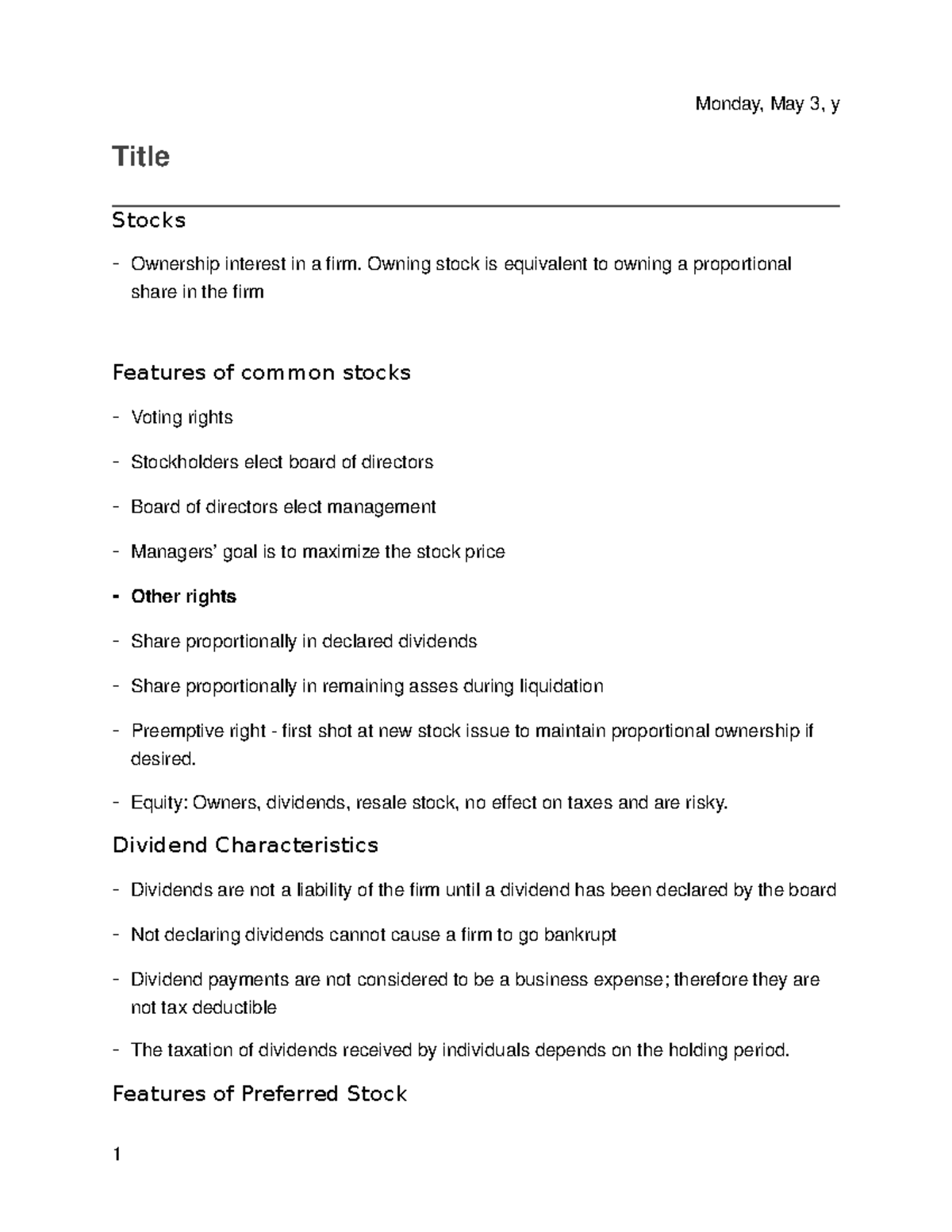 Finance - Stocks word - Lecture notes Chapter 7 - Wednesday, November ...