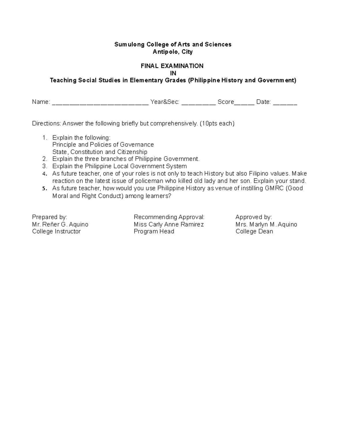 Final Exam Teaching Social Studies - Sumulong College of Arts and ...