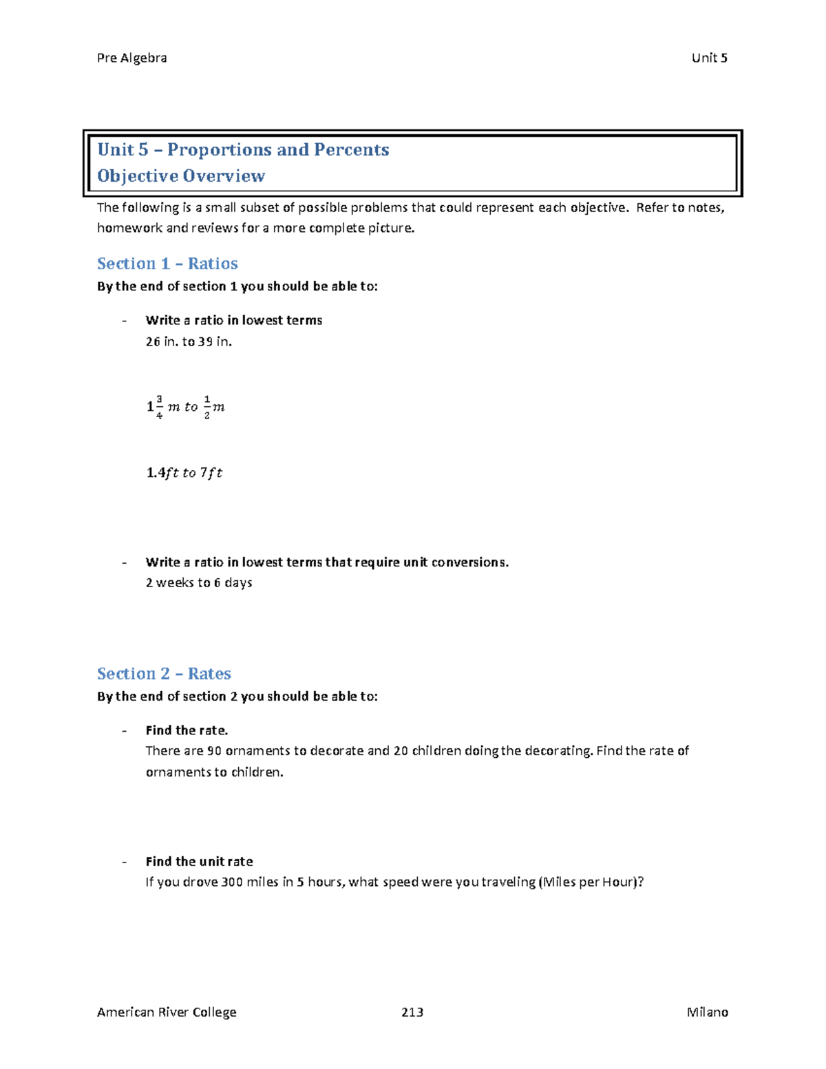 Unit 5 RP - Course work - Pre Algebra Unit 5 Unit 5 – Proportions and ...