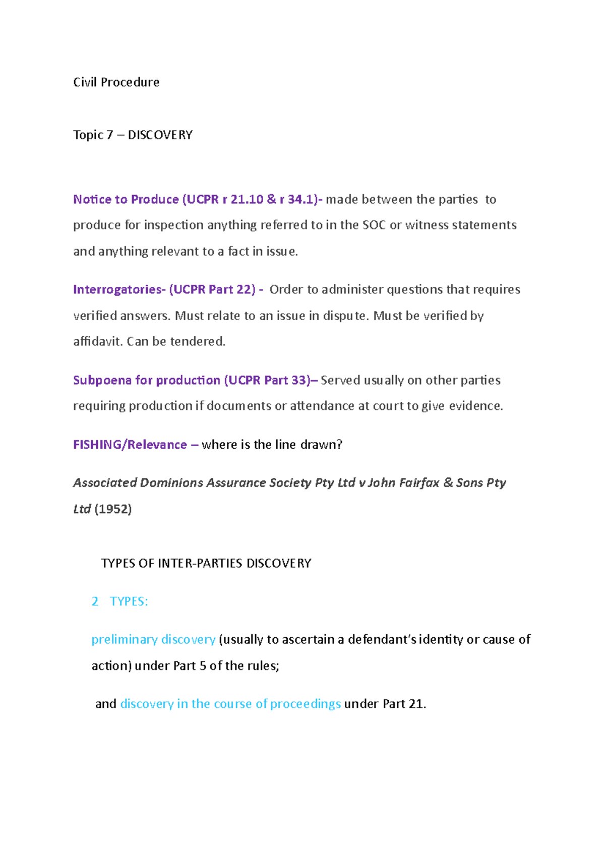 Civ pro notes discovery - Civil Procedure Topic 7 – DISCOVERY Notice to ...