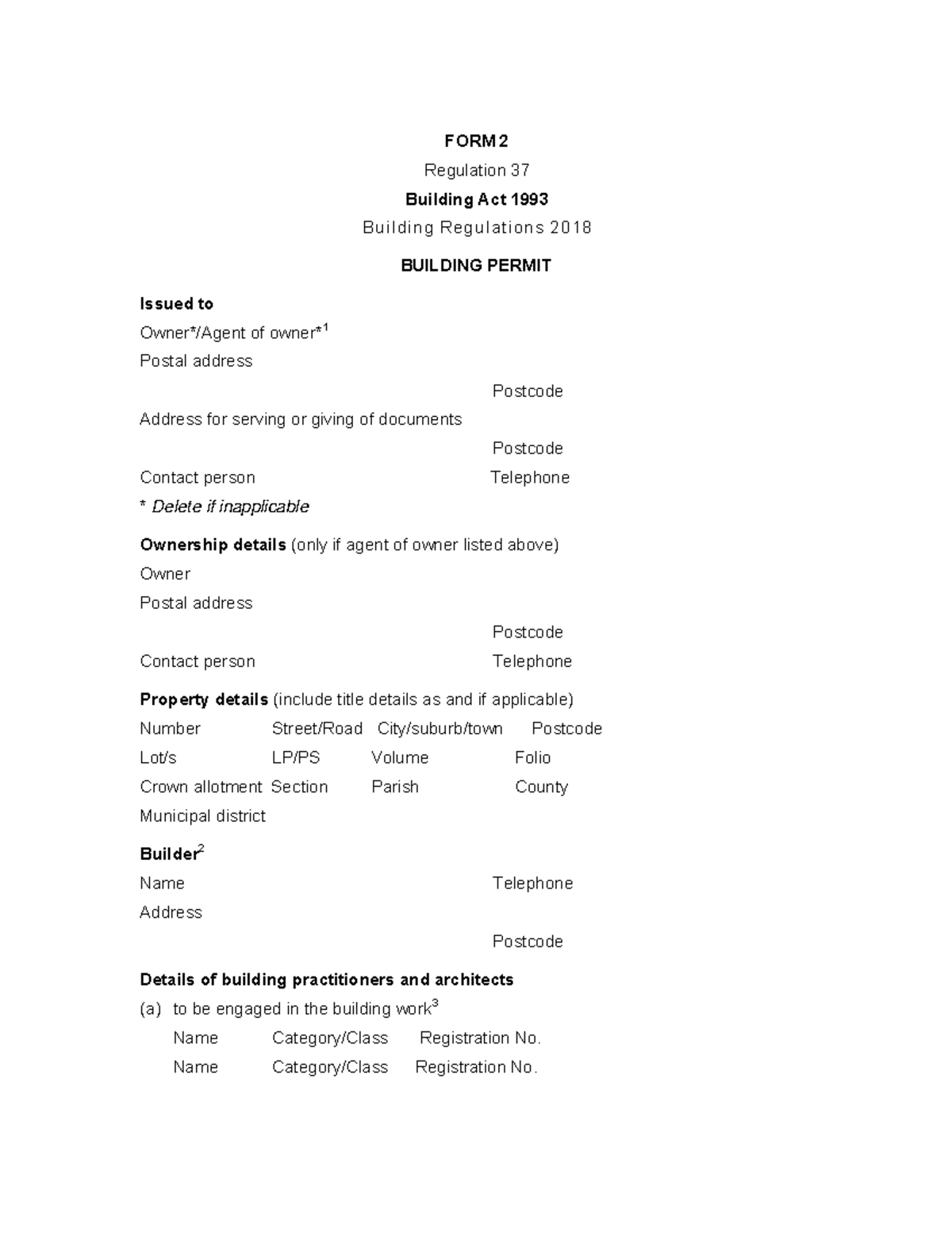 Form 2 Building permit - FORM 2 Regulation 37 Building Act 1993 B u i l ...