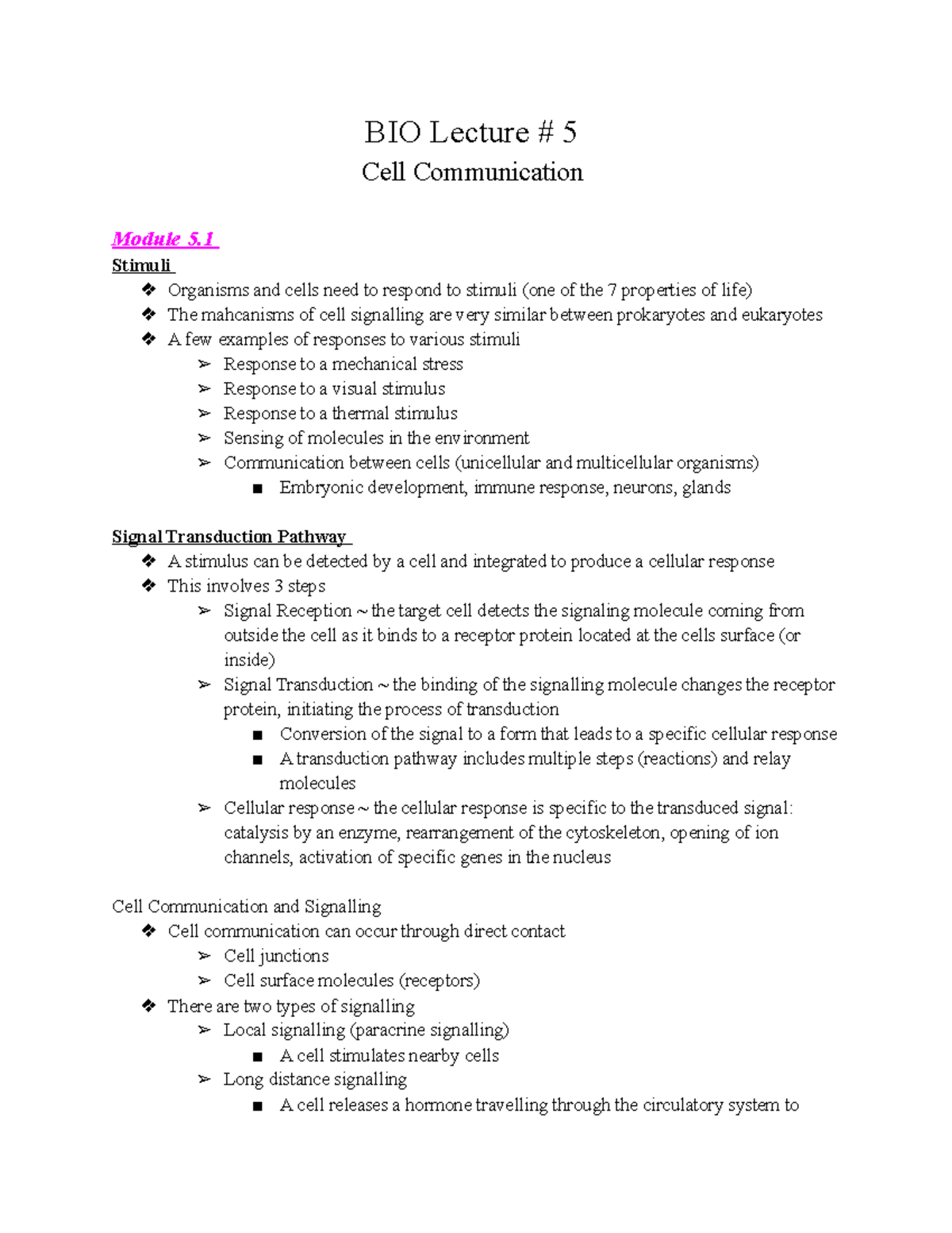 BIO # 5 - Notes on Lecture # 1 - BIO Lecture # 5 Cell Communication ...