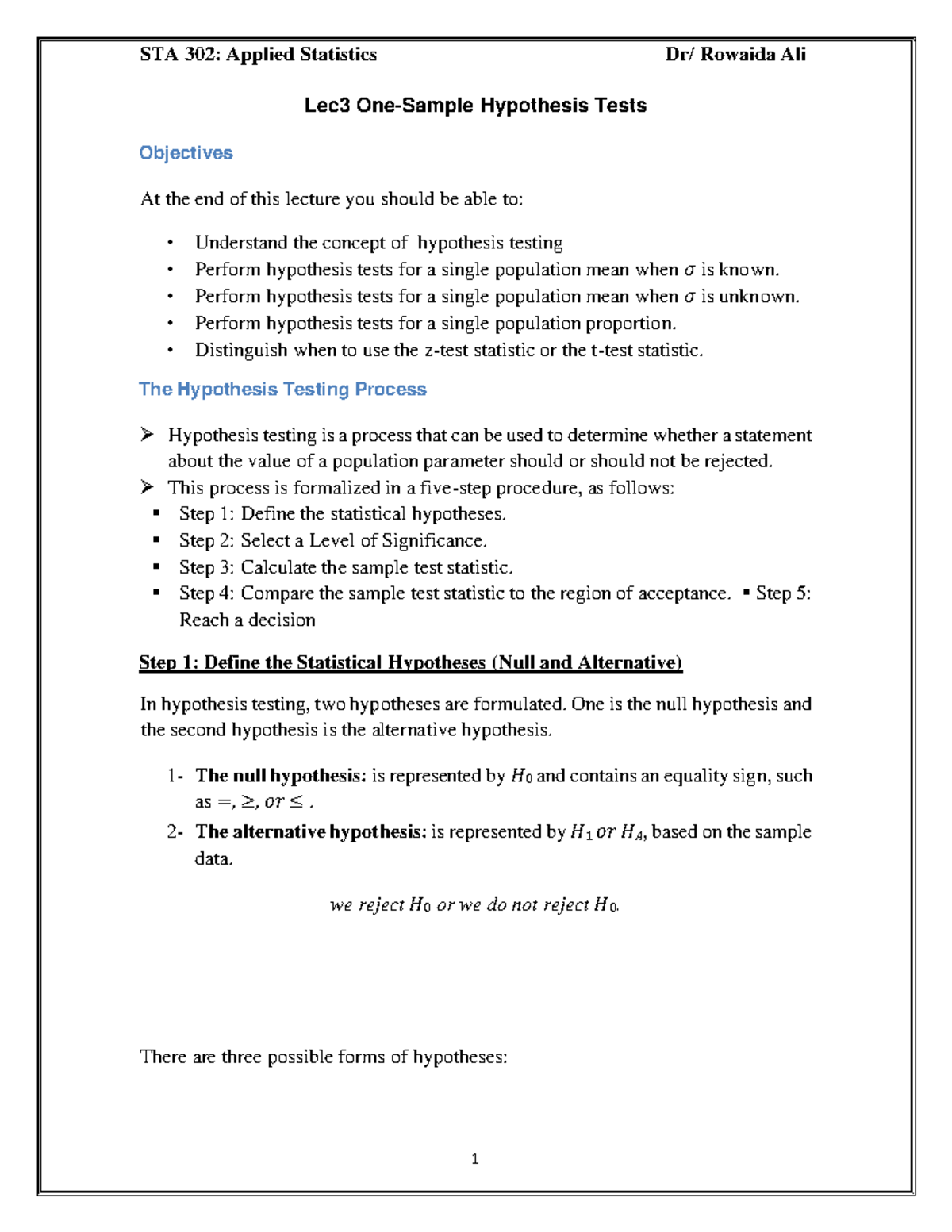 STA 302 Lec 3 One-Sample Hypothesis Tests - Lec3 One-Sample Hypothesis ...