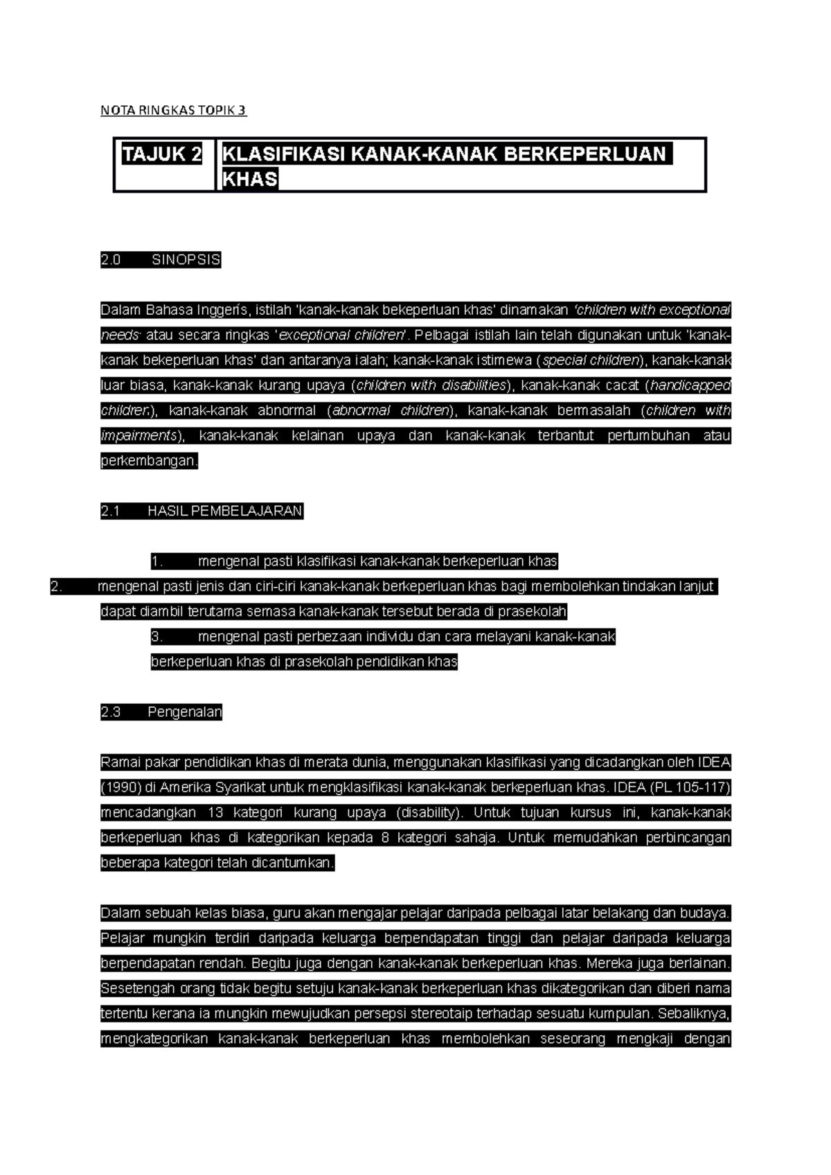 Document - good - NOTA RINGKAS TOPIK 3 TAJUK 2 KLASIFIKASI KANAK-KANAK BERKEPERLUAN KHAS 2 ...