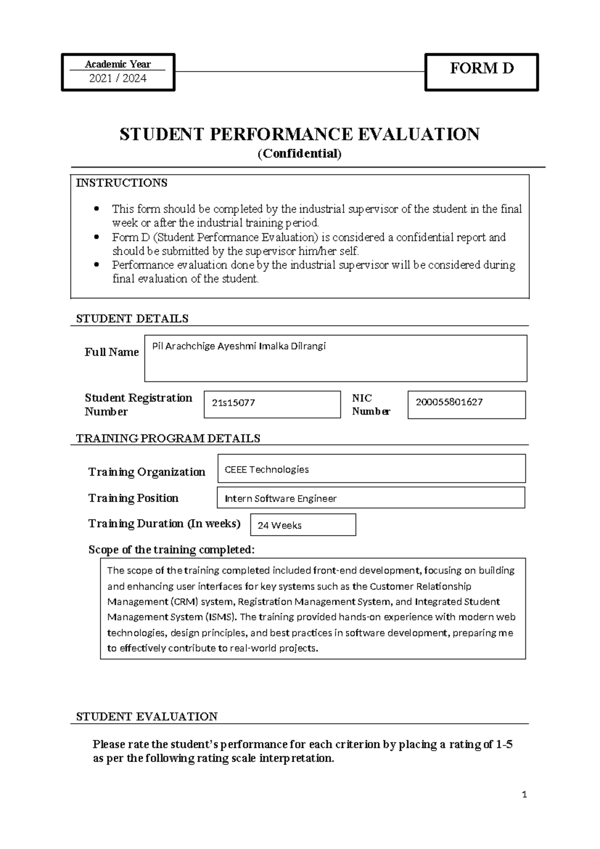 Form D - Student Performance Evaluation(21s15077) - STUDENT PERFORMANCE EVALUATION (Confidential ...