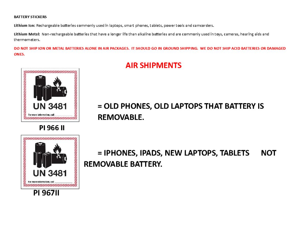 Battery Stickers Guidance - BATTERY STICKERS Lithium Ion: Rechargeable ...