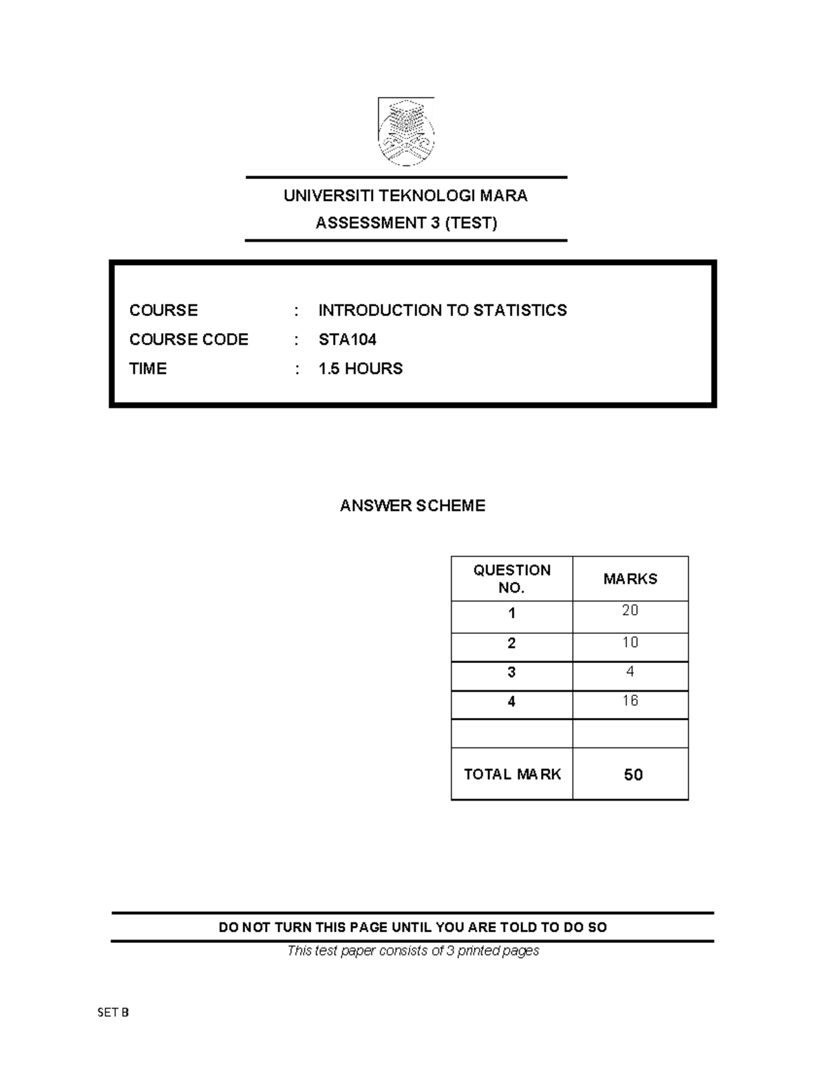 Answer Scheme SET B STA104 - UNIVERSITI TEKNOLOGI MARA ASSESSMENT 3 ...