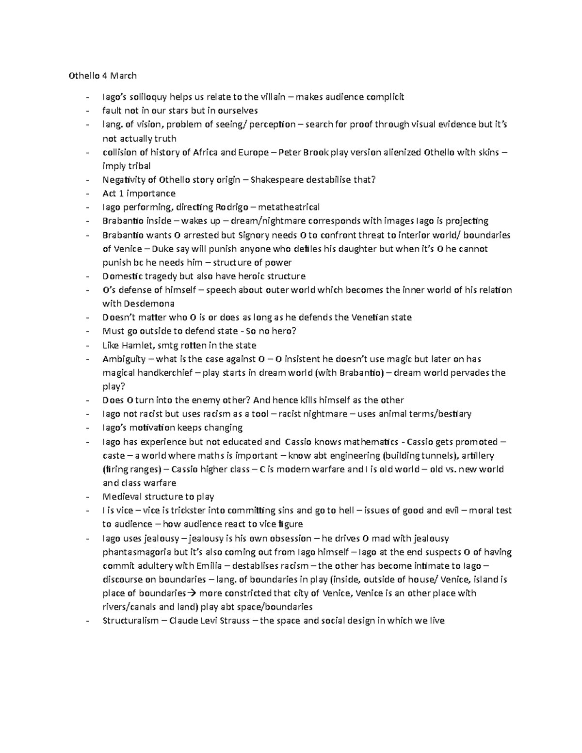 Othello play seminar 1 notes - Othello 4 March Iago’s soliloquy helps ...