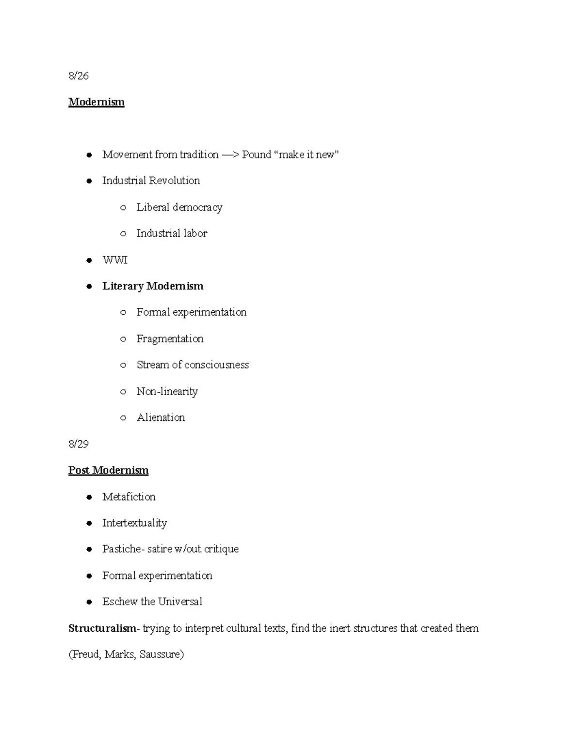 Eng 2050 notes - Teacher: Ryan Prewitt - 8/ Modernism Movement from ...