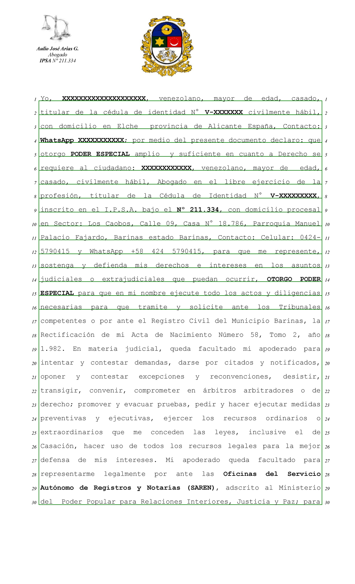 001 Poder Especial - Aulio José Arias G. Abogado IPSA Nº 211. Yo ...