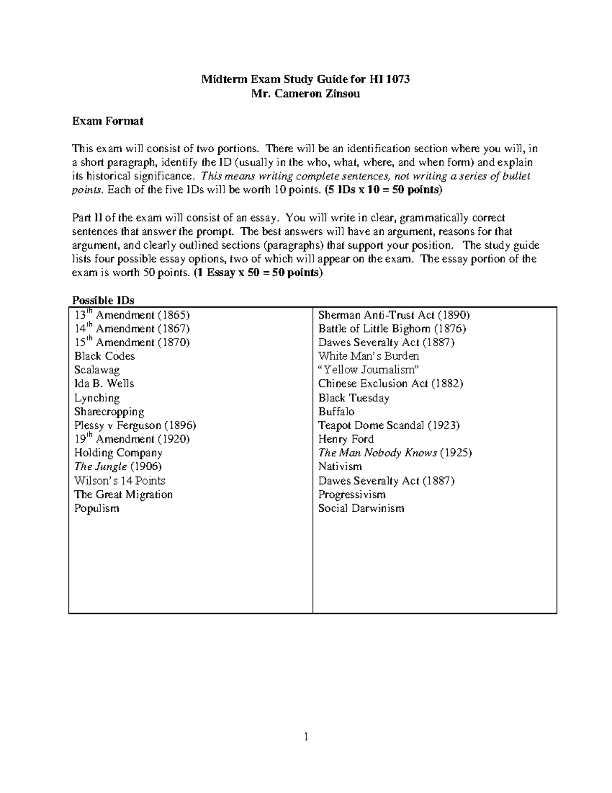 Midterm Exam Guide - 1 Midterm Exam Study Guide for HI 1073 Mr. Cameron ...