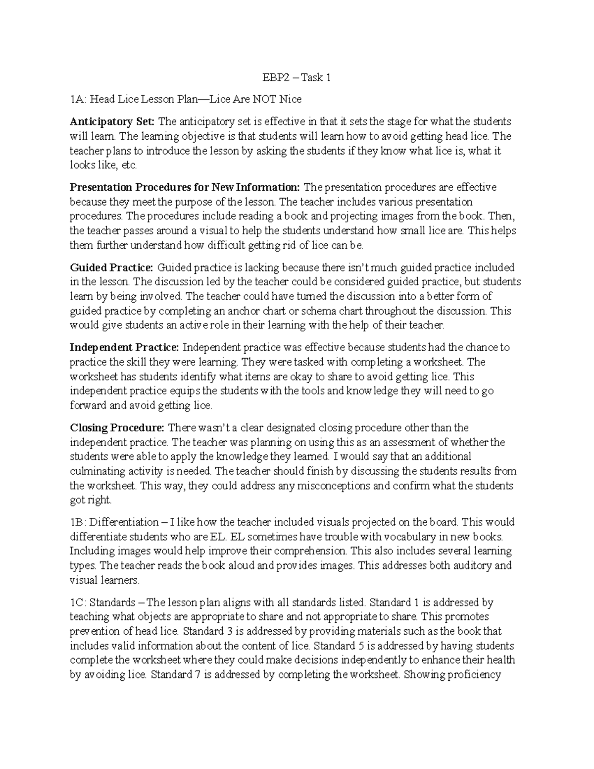 EBP2 - Task 1 - Passed - EBP2 – Task 1 1A: Head Lice Lesson Plan—Lice ...