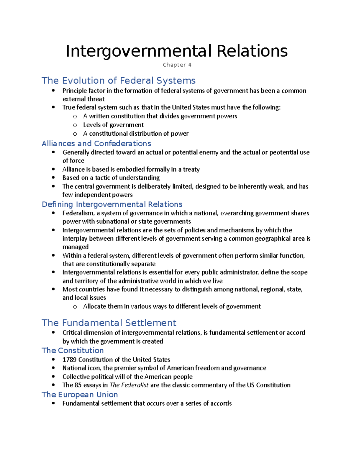 Chapter 4 notes - Intergovernmental Relations - Intergovernmental ...