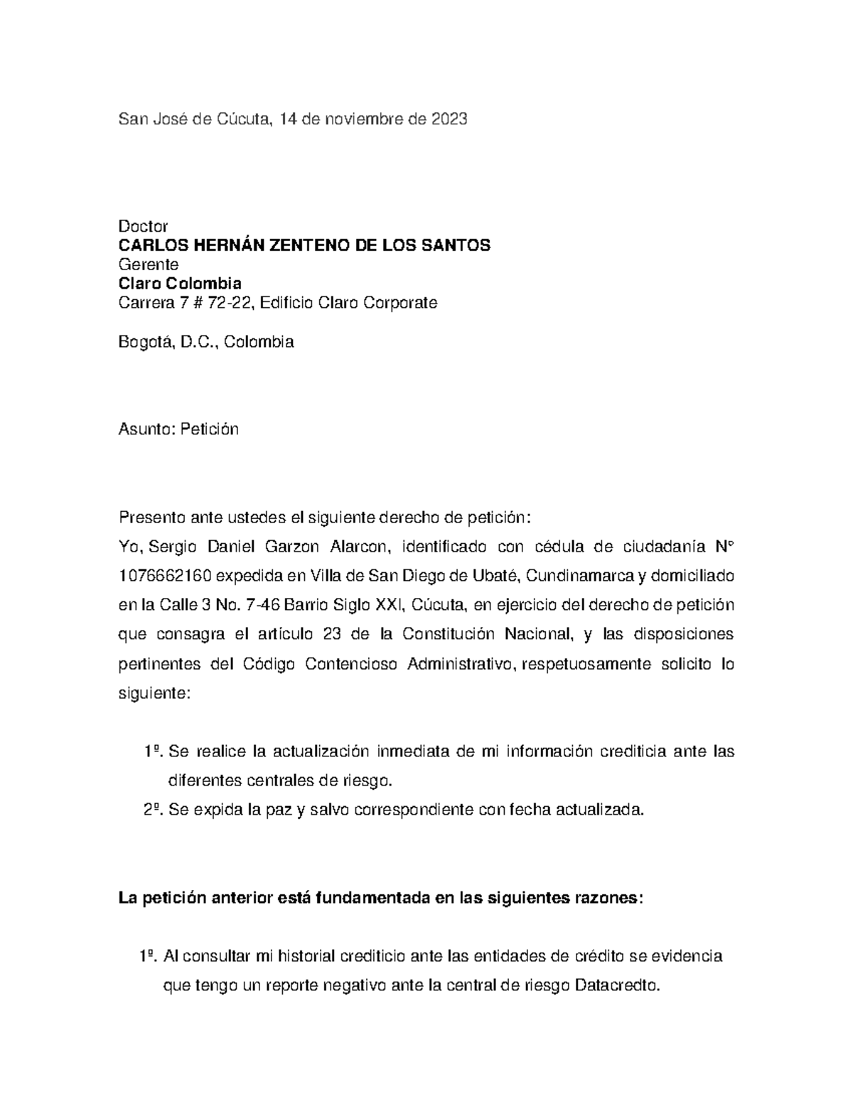 Derecho de Petición sergio garzon - San José de Cúcuta, 14 de noviembre ...