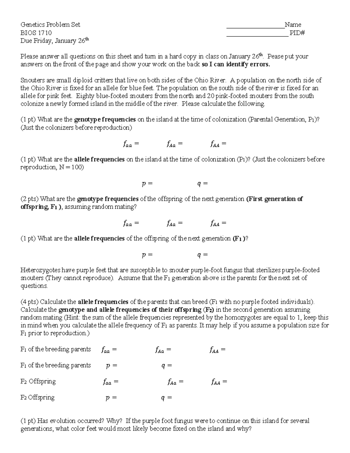 Genetics Problem Set - Genetics Problem Set BIOS 1710 Due Friday ...