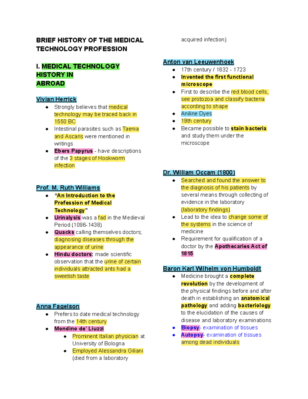 MLS037-lesson 1 highlighted - BRIEF HISTORY OF THE MEDICAL TECHNOLOGY ...