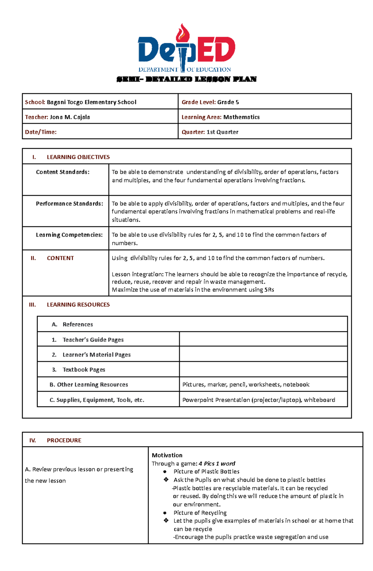Mathematics Semi-detailed LP Week 1 - SEMI- DETAILED LESSON PLAN School ...