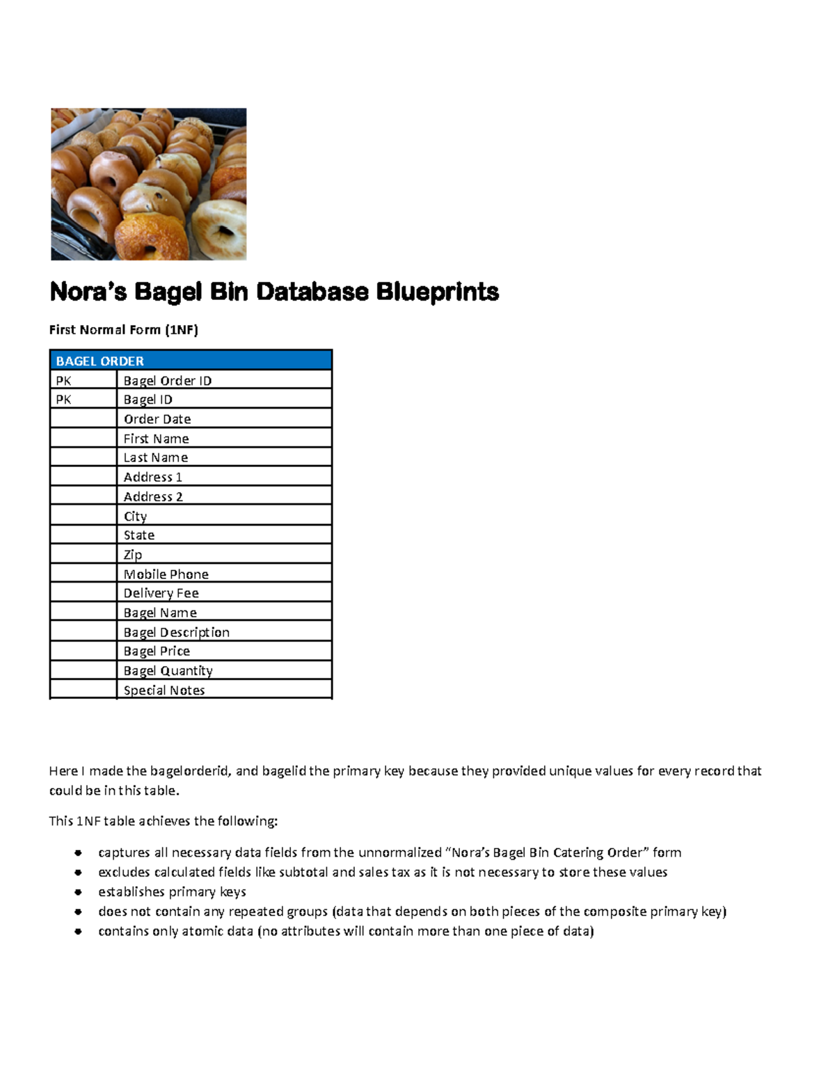 Part A Final - Nora’s Bagel Bin Database Blueprints First Normal Form ...