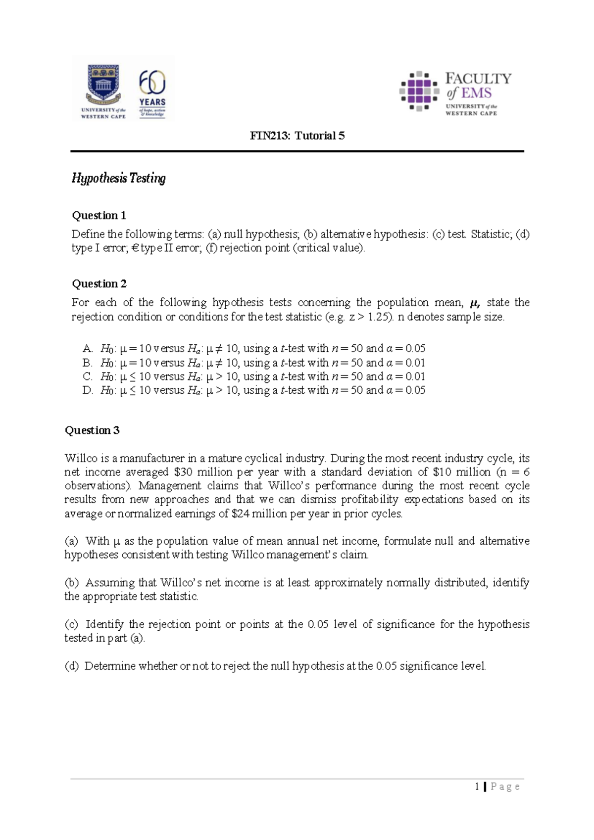 FIN213 - Tutorial 5 Hypothesis Testing - 1 | P a g e FIN213: Tutorial 5 ...