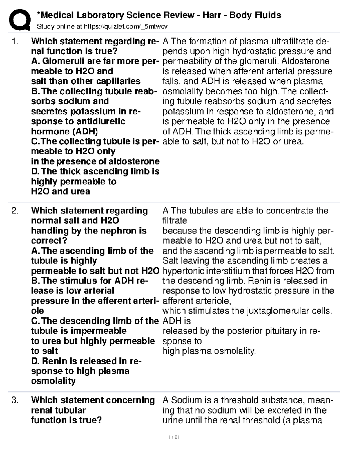 Medical Laboratory Science Review - Harr - Body Fluids - Study online ...