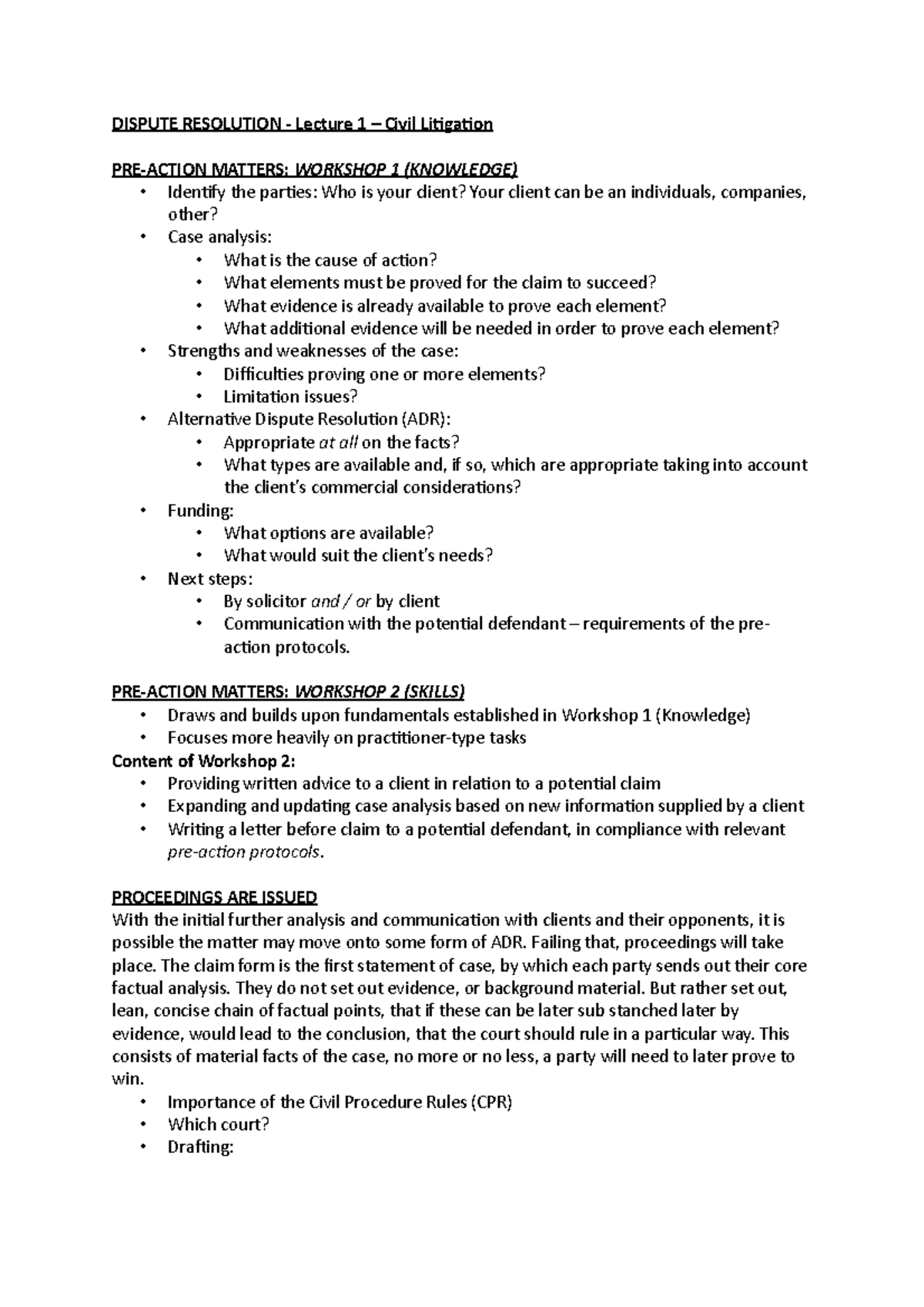 Lecture 1 - Intro TO Civil Litigation - DISPUTE RESOLUTION - Lecture 1 ...