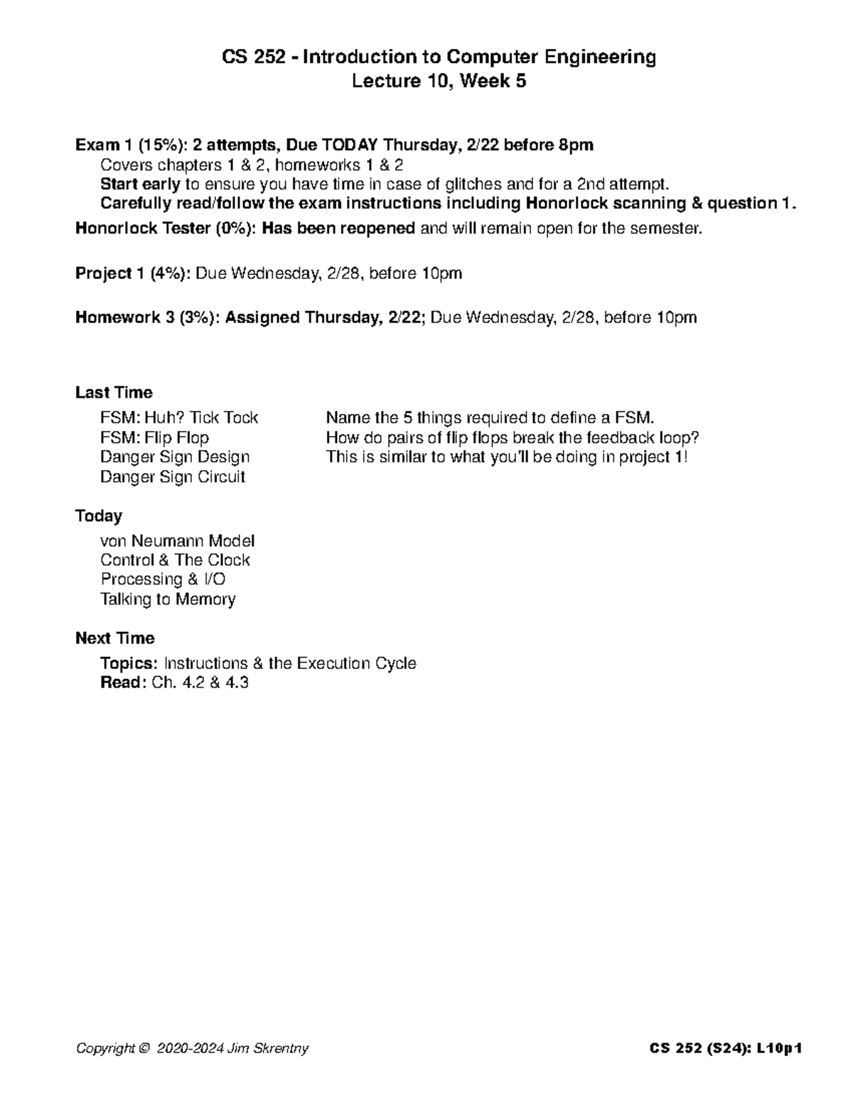 Outline L 10w5 - Notes for von Neumann model - CS 252 - Introduction to ...