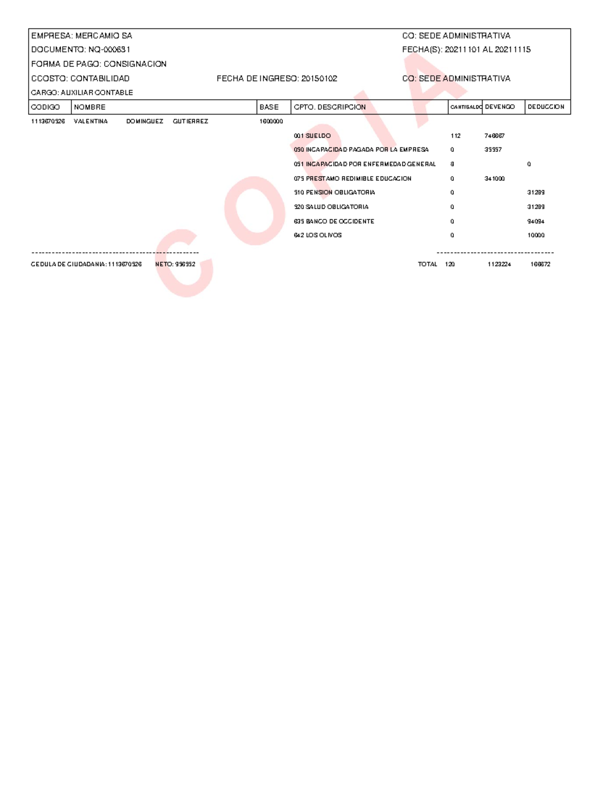 Volante 15-11-21 - EMPRESA: MERCAMIO SA CO: SEDE ADMINISTRATIVA ...