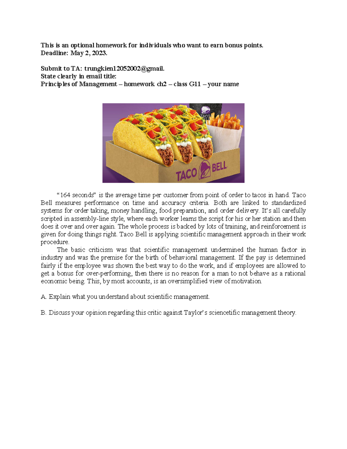 Homework ch2 - Taco Bell - This is an optional homework for individuals ...