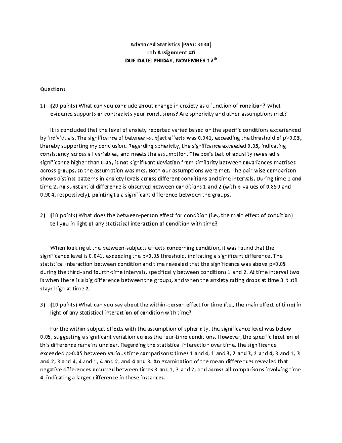 Lab Assignment 6 - yes - Advanced Statistics (PSYC 3130) Lab Assignment # 6 DUE DATE: FRIDAY ...