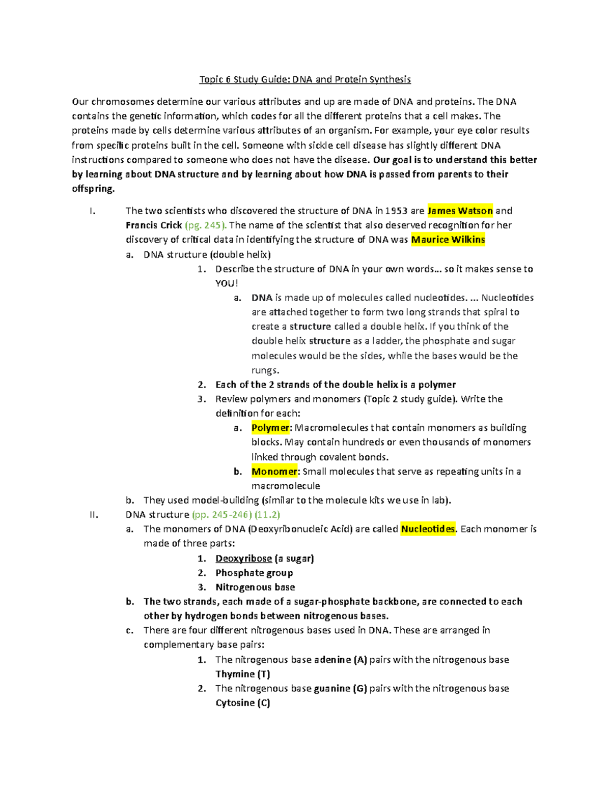 Topic 6 Study Guide - Lecture notes 6 - Topic 6 Study Guide: DNA and ...