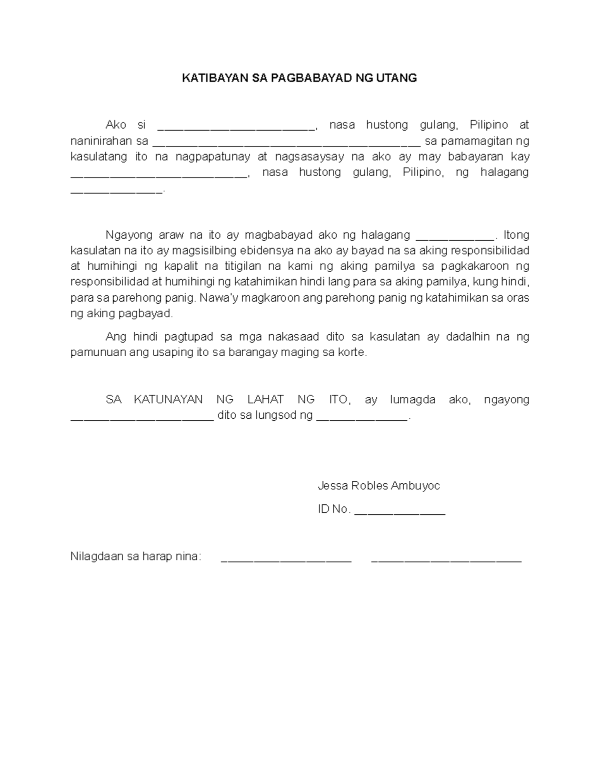 Kasulatan - Coursework - KATIBAYAN SA PAGBABAYAD NG UTANG Ako si
