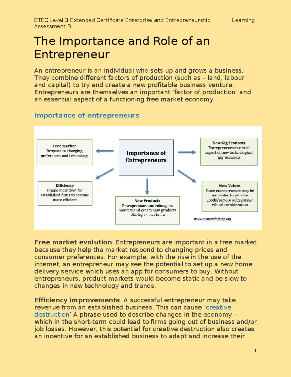 The role of an entreprenuer outcome B.1 Handout - Assessment B The ...