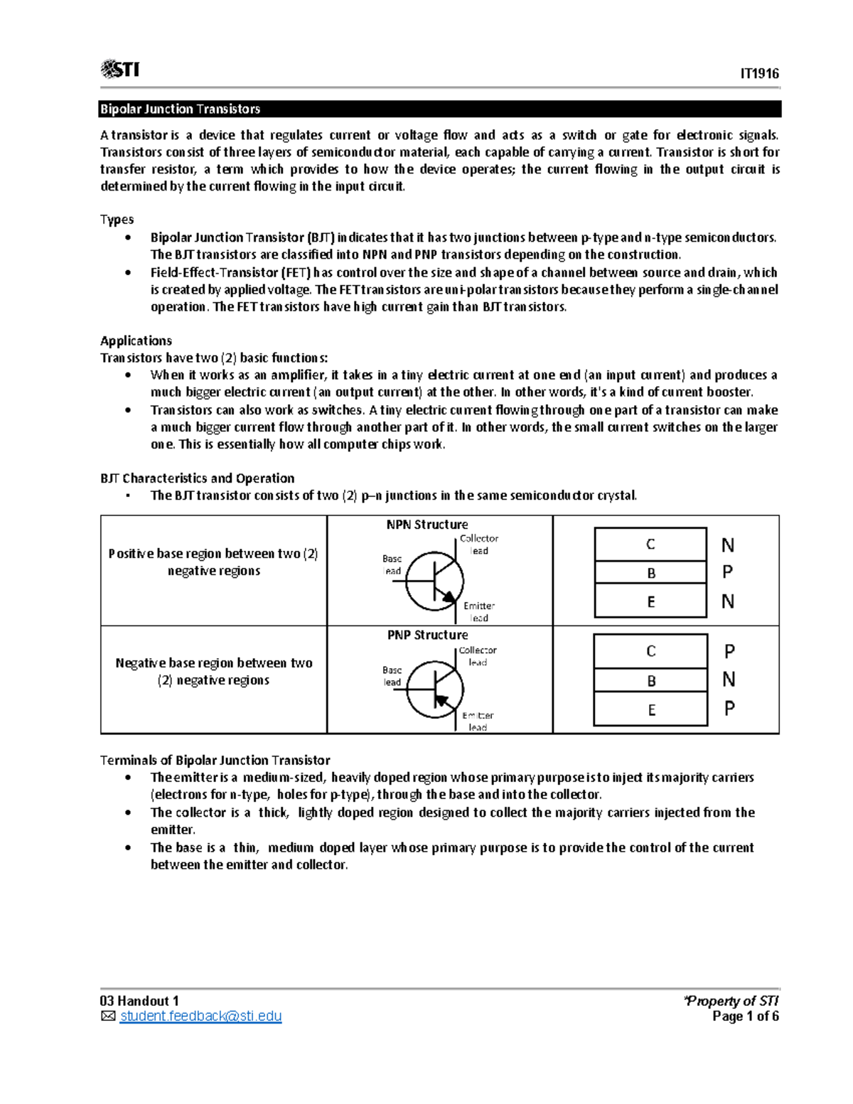 03 Handout 1(19) - 03 Handout 1 *Property of STI Bipolar Junction ...