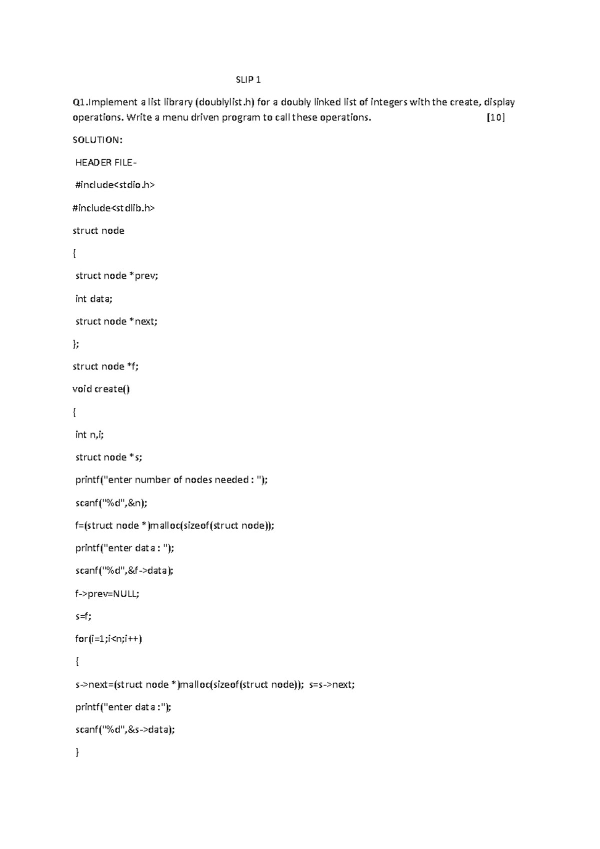 Datastructureslip - iooi - SLIP 1 Q1 a list library (doublylist) for a ...