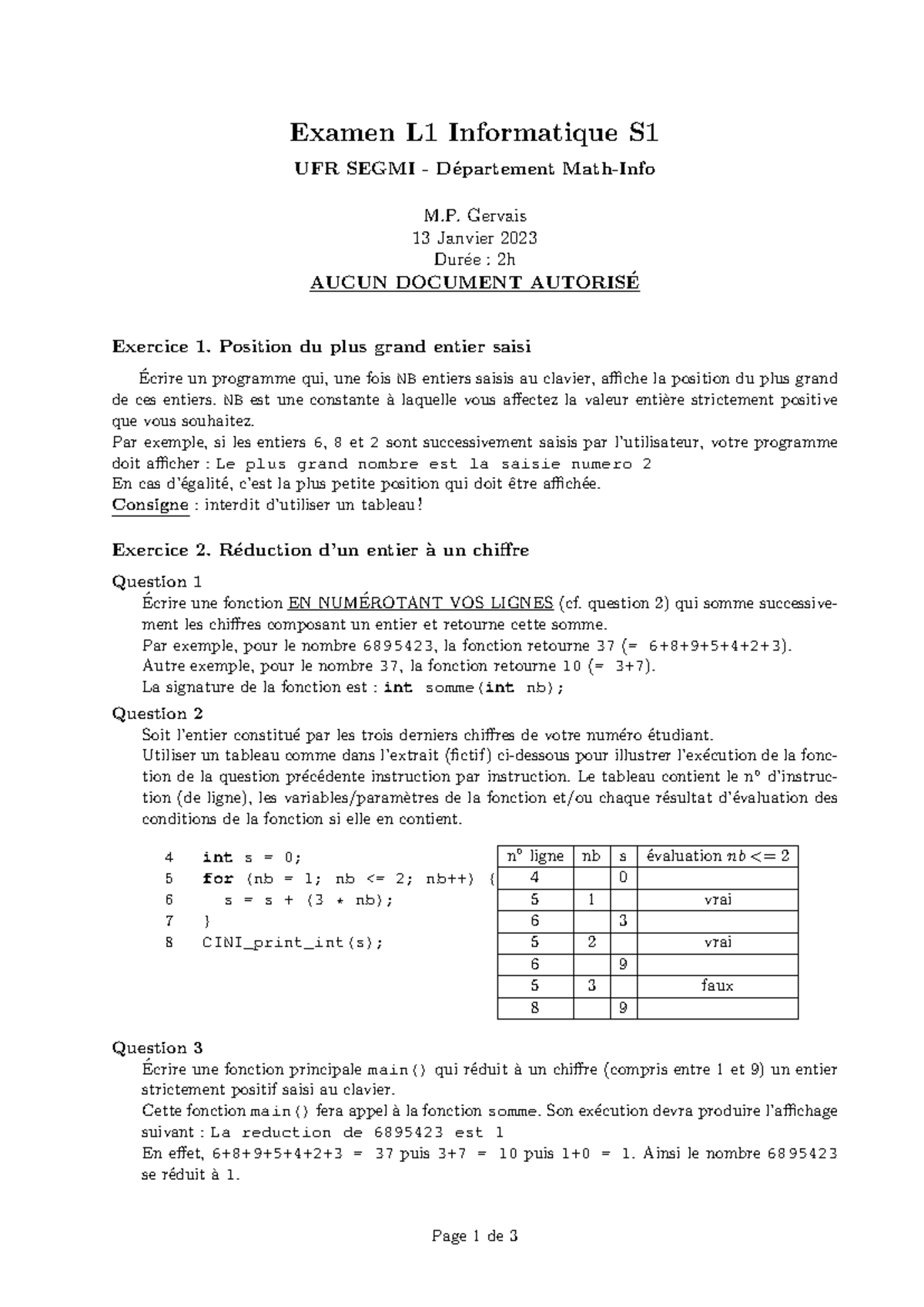 22-23examen - Examen L1 Informatique S UFR SEGMI - D ́epartement Math ...