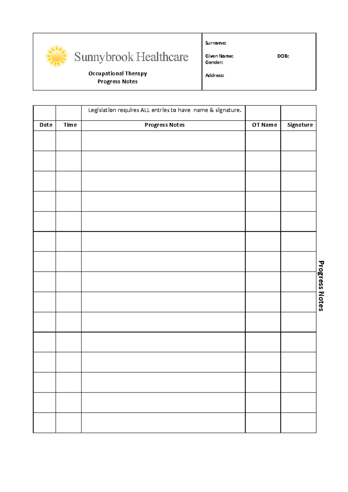 Blank Progress Notes - OCC4010 - Occupational Therapy Progress Notes ...