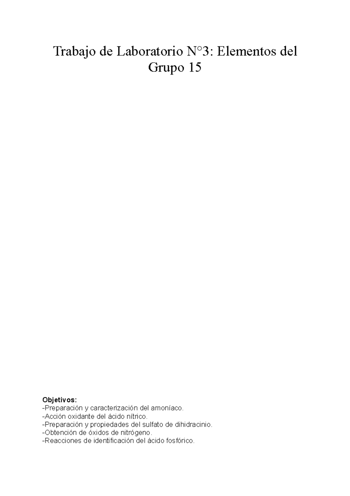 Elementos del grupo 15 - Trabajo de Laboratorio N°3: Elementos del Grupo 15 Objetivos ...