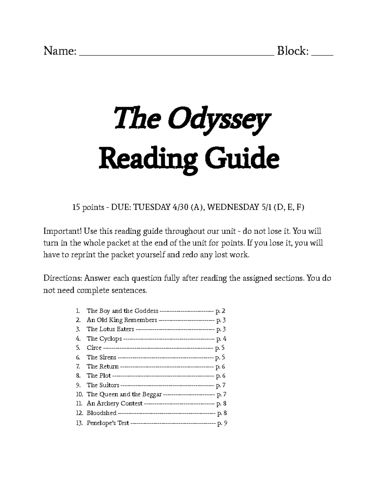 The Odyssey Reading Guide Packet - Name ...